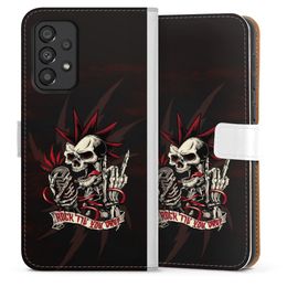 DeinDesign Galaxy A33 5G Handy Klapph&uuml;lle Handyh&uuml;lle aus Kunst Leder wei&szlig; Flip Case Rock Totenkopf Music Sideflip mit Lasche