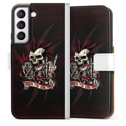 DeinDesign Galaxy S22 Handy Klapph&uuml;lle Handyh&uuml;lle aus Kunst Leder wei&szlig; Flip Case Rock Totenkopf Music Sideflip mit Lasche