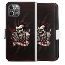DeinDesign iPhone 12 Pro Handy Klapph&uuml;lle Handyh&uuml;lle aus Kunst Leder wei&szlig; Flip Case Rock Totenkopf Music Sideflip mit Lasche