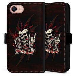 DeinDesign iPhone 16e Handy Klapph&uuml;lle Handyh&uuml;lle aus Kunst Leder schwarz Flip Case Rock Totenkopf Music Sideflip mit Lasche