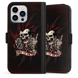 DeinDesign iPhone 13 Pro Handy Klapph&uuml;lle Handyh&uuml;lle aus Kunst Leder schwarz Flip Case Rock Totenkopf Music Sideflip mit Lasche