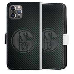 DeinDesign iPhone 12 Pro Handy Klapph&uuml;lle Handyh&uuml;lle aus Kunst Leder wei&szlig; Flip Case Fc Schalke 04 Metallic Look Carbon Sideflip mit Lasche