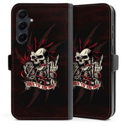 DeinDesign Galaxy A35 5G Handy Klapph&uuml;lle Handyh&uuml;lle aus Kunst Leder schwarz Flip Case Rock Totenkopf Music Sideflip mit Lasche