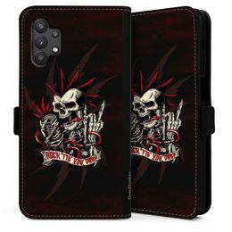 DeinDesign Galaxy A32 5G Handy Klapph&uuml;lle Handyh&uuml;lle aus Kunst Leder schwarz Flip Case Rock Totenkopf Music Sideflip mit langer Lasche