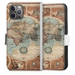 DeinDesign iPhone 12 Pro Handy Klapph&uuml;lle Handyh&uuml;lle aus Kunst Leder wei&szlig; Flip Case Vintage Map World Map Sideflip mit Lasche