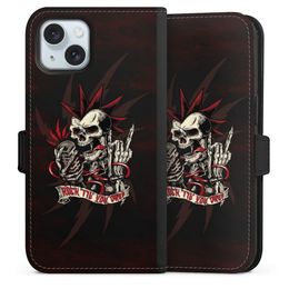 DeinDesign iPhone 15 Handy Klapph&uuml;lle Handyh&uuml;lle aus Kunst Leder schwarz Flip Case Rock Totenkopf Music Sideflip mit Lasche