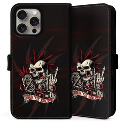 DeinDesign iPhone 16 Pro Handy Klapph&uuml;lle Handyh&uuml;lle aus Kunst Leder schwarz Flip Case Rock Totenkopf Music Sideflip mit Lasche