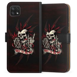 DeinDesign Galaxy A22 5G Handy Klapph&uuml;lle Handyh&uuml;lle aus Kunst Leder schwarz Flip Case Rock Totenkopf Music Sideflip mit langer Lasche