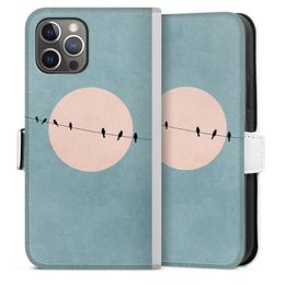 DeinDesign iPhone 12 Pro Handy Klapph&uuml;lle Handyh&uuml;lle aus Kunst Leder wei&szlig; Flip Case Bird Turquoise Moon Sideflip mit Lasche