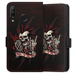 DeinDesign Huawei P30 Lite Handy Klapph&uuml;lle Handyh&uuml;lle aus Kunst Leder schwarz Flip Case Rock Totenkopf Music Sideflip mit Lasche