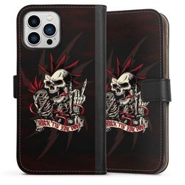 DeinDesign iPhone 13 Pro Max Handy Klapph&uuml;lle Handyh&uuml;lle aus Kunst Leder schwarz Flip Case Rock Totenkopf Music Sideflip mit langer Lasche