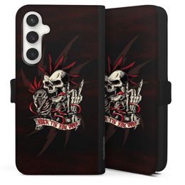 DeinDesign Galaxy S24 FE 5G Handy Klapph&uuml;lle Handyh&uuml;lle aus Kunst Leder schwarz Flip Case Rock Totenkopf Music Sideflip mit Lasche
