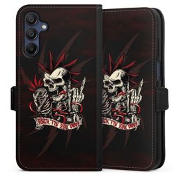 DeinDesign Galaxy A15 5G Handy Klapph&uuml;lle Handyh&uuml;lle aus Kunst Leder schwarz Flip Case Rock Totenkopf Music Sideflip mit Lasche