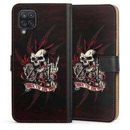 DeinDesign Galaxy A12 Handy Klapph&uuml;lle Handyh&uuml;lle aus Kunst Leder schwarz Flip Case Rock Totenkopf Music Sideflip mit langer Lasche