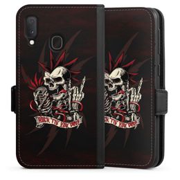 DeinDesign Galaxy A20e Handy Klapph&uuml;lle Handyh&uuml;lle aus Kunst Leder schwarz Flip Case Rock Totenkopf Music Sideflip mit Lasche