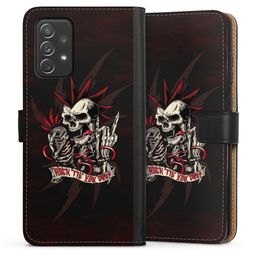 DeinDesign Galaxy A72 Handy Klapph&uuml;lle Handyh&uuml;lle aus Kunst Leder schwarz Flip Case Rock Totenkopf Music Sideflip mit langer Lasche