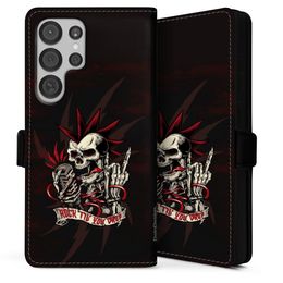 DeinDesign Galaxy S25 Ultra Handy Klapph&uuml;lle Handyh&uuml;lle aus Kunst Leder schwarz Flip Case Rock Totenkopf Music Sideflip mit Lasche