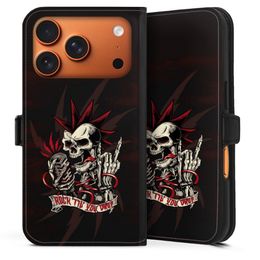 DeinDesign iPhone 17 Pro Handy Klapph&uuml;lle Handyh&uuml;lle aus Kunst Leder schwarz Flip Case Rock Totenkopf Music Sideflip mit Lasche