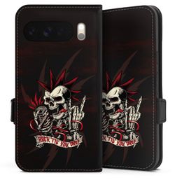 DeinDesign Google Pixel 10 Pro XL Handy Klapph&uuml;lle Handyh&uuml;lle aus Kunst Leder schwarz Flip Case Rock Totenkopf Music Sideflip mit Lasche