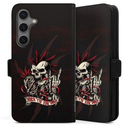 DeinDesign Galaxy S25 Handy Klapph&uuml;lle Handyh&uuml;lle aus Kunst Leder schwarz Flip Case Rock Totenkopf Music Sideflip mit Lasche