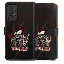 DeinDesign Galaxy A33 5G Handy Klapph&uuml;lle Handyh&uuml;lle aus Kunst Leder schwarz Flip Case Rock Totenkopf Music Sideflip mit langer Lasche