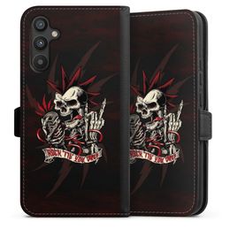 DeinDesign Galaxy A34 5G Handy Klapph&uuml;lle Handyh&uuml;lle aus Kunst Leder schwarz Flip Case Rock Totenkopf Music Sideflip mit Lasche