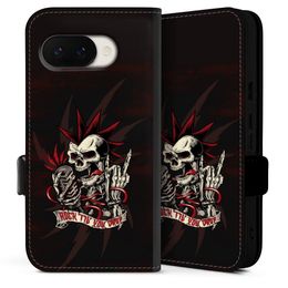 DeinDesign Google Pixel 9a Handy Klapph&uuml;lle Handyh&uuml;lle aus Kunst Leder schwarz Flip Case Rock Totenkopf Music Sideflip mit Lasche