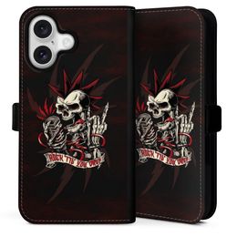 DeinDesign iPhone 16 Handy Klapph&uuml;lle Handyh&uuml;lle aus Kunst Leder schwarz Flip Case Rock Totenkopf Music Sideflip mit Lasche