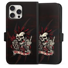DeinDesign iPhone 15 Pro Max Handy Klapph&uuml;lle Handyh&uuml;lle aus Kunst Leder schwarz Flip Case Rock Totenkopf Music Sideflip mit Lasche