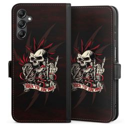 DeinDesign Galaxy A14 5G Handy Klapph&uuml;lle Handyh&uuml;lle aus Kunst Leder schwarz Flip Case Rock Totenkopf Music Sideflip mit Lasche