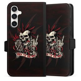 DeinDesign Galaxy S23 FE Handy Klapph&uuml;lle Handyh&uuml;lle aus Kunst Leder schwarz Flip Case Rock Totenkopf Music Sideflip mit Lasche