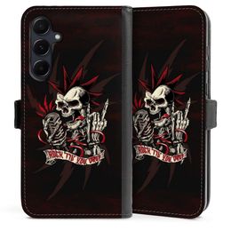 DeinDesign Galaxy A55 5G Handy Klapph&uuml;lle Handyh&uuml;lle aus Kunst Leder schwarz Flip Case Rock Totenkopf Music Sideflip mit Lasche