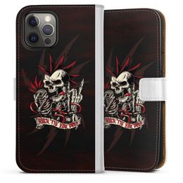 DeinDesign iPhone 12 Pro Max Handy Klapph&uuml;lle Handyh&uuml;lle aus Kunst Leder wei&szlig; Flip Case Music Totenkopf Rock Sideflip mit Lasche