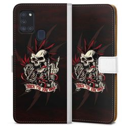 DeinDesign Galaxy A21s Handy Klapph&uuml;lle Handyh&uuml;lle aus Kunst Leder wei&szlig; Flip Case Rock Totenkopf Music Sideflip mit Lasche