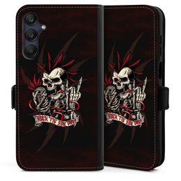 DeinDesign Galaxy A25 5G Handy Klapph&uuml;lle Handyh&uuml;lle aus Kunst Leder schwarz Flip Case Rock Totenkopf Music Sideflip mit Lasche