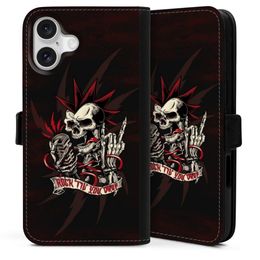 DeinDesign iPhone 16 Plus Handy Klapph&uuml;lle Handyh&uuml;lle aus Kunst Leder schwarz Flip Case Rock Totenkopf Music Sideflip mit Lasche