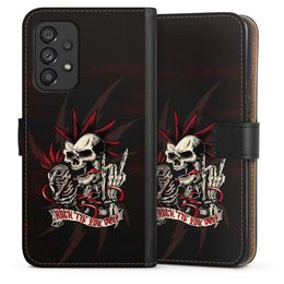 DeinDesign Galaxy A53 5G Handy Klapph&uuml;lle Handyh&uuml;lle aus Kunst Leder schwarz Flip Case Rock Totenkopf Music Sideflip mit langer Lasche