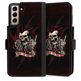DeinDesign Galaxy S21 5G Handy Klapph&uuml;lle Handyh&uuml;lle aus Kunst Leder schwarz Flip Case Rock Totenkopf Music Sideflip mit Lasche