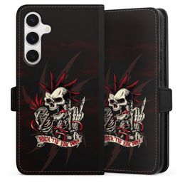DeinDesign Galaxy S24+ Handy Klapph&uuml;lle Handyh&uuml;lle aus Kunst Leder schwarz Flip Case Rock Totenkopf Music Sideflip mit Lasche