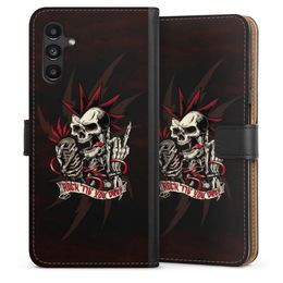 DeinDesign Galaxy A13 5G Handy Klapph&uuml;lle Handyh&uuml;lle aus Kunst Leder schwarz Flip Case Rock Totenkopf Music Sideflip mit langer Lasche