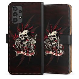 DeinDesign Galaxy A13 4G Handy Klapph&uuml;lle Handyh&uuml;lle aus Kunst Leder schwarz Flip Case Rock Totenkopf Music Sideflip mit langer Lasche