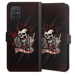 DeinDesign Galaxy A71 Handy Klapph&uuml;lle Handyh&uuml;lle aus Kunst Leder schwarz Flip Case Rock Totenkopf Music Sideflip mit Lasche