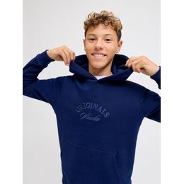 Jack & Jones Kinder Kapuzensweatshirt "JORBLEECKER BRANDING SWEAT HOOD BF JNR", blau, Gr. 128, JACK & JONES JUNIOR, bedruckt, unifarben, angeraute Sweatware,