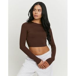 Langarmshirt Tally Weijl "STSPAPRETTY2", Damen, Gr. L, rocky road, Jersey, Obermaterial: 93% Polyamid, 7% Elasthan, unifarben, figurbetont bauchfrei, Rundhals, Shirts Langarmshirt, Materialmix, Basic Shirt, bauchfrei in schlichter Optik