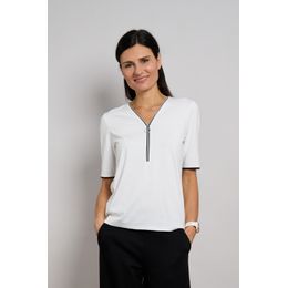 V-Shirt Seidel Moden, Damen, Gr. 40, wei&szlig;, Jersey, Obermaterial: 94% Viskose, 6% Elasthan, unifarben mit Farbeinsatz, tailliert h&uuml;ftbedeckend, tiefer V-Ausschnitt, kontrastfarben, Shirts, mit Rei&szlig;verschluss am Kragen - MADE IN GERMANY