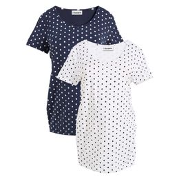 Umstandsshirt bonprix, Damen, Gr. 44/46 (L), wei&szlig;, dunkelblau gepunktet, Obermaterial: 95% Baumwolle, 5% Elasthan, figurbetont, Rundhals, Shirts Umstandsshirt, figurbetonte Passform, seitliche Raffungen, gepunktetes Design