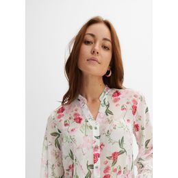 Chiffonbluse bonprix, Damen, Gr. 42, wollwei&szlig; gebl&uuml;mt, Web, Obermaterial: 100% Polyester, loose fit, Blusen Chiffonbluse, Loose Fit, f&uuml;r festliche Anl&auml;sse, mit langem Arm