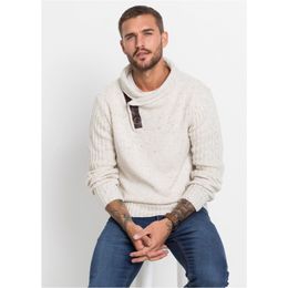 bonprix Herren Strickpulloverbeige, Gr. 48, kontrastfarbene Details, unifarben, Strick, Obermaterial: 100% Polyacryl, Pullover, mit Schalkragen und