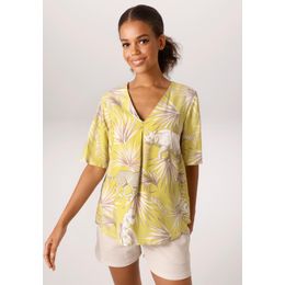 Aniston CASUAL Damen Schlupfbluse, gelb, Gr. 36, bedruckt, gebl&uuml;mt, Web, Obermaterial: 100% Viskose, Blusen, mit Bl&auml;ttern, Nash&ouml;rnern und Geparden