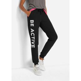 bonprix Damen Jogginghoseschwarz, wei&szlig; bedruckt, Gr. 56, Web, Obermaterial: 95% Baumwolle, 5% Elasthan, Hosen, aus Baumwolle mit Stretch, mit